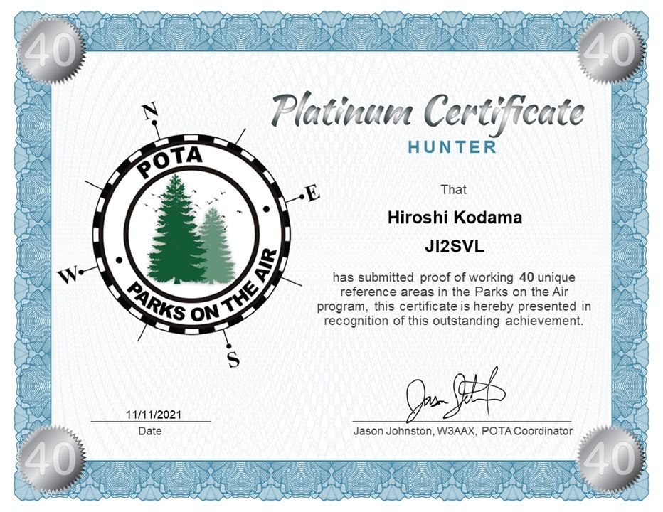 POTAアワード(Platinum Hunter): JI2SVL