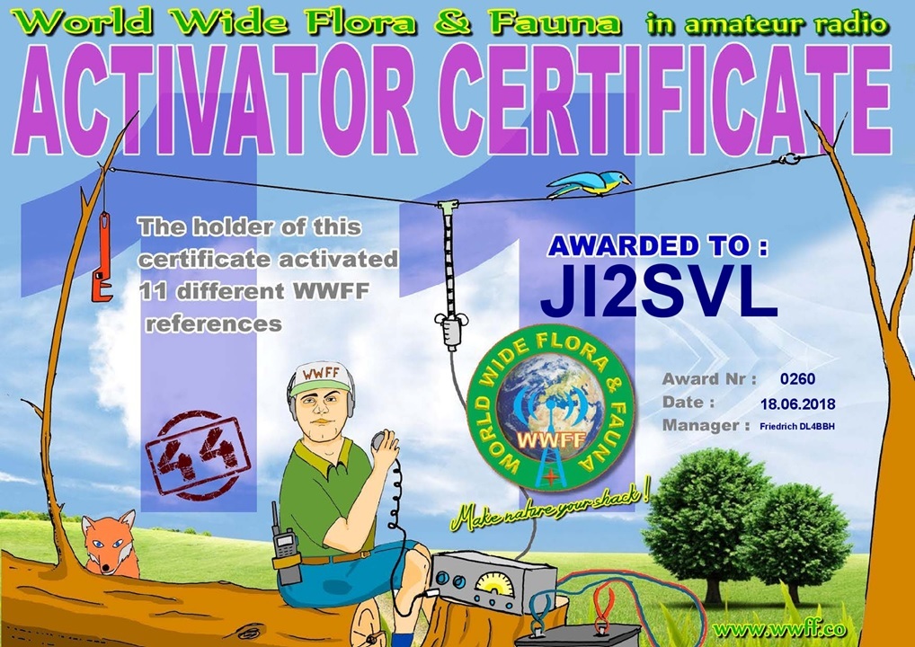 WWFF & JAFF Activator 11 Award: JI2SVL